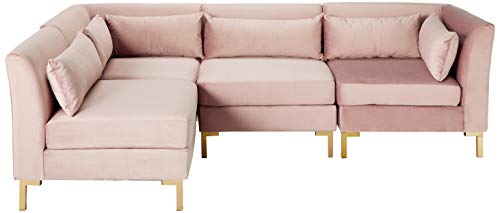 Iconic Home Girardi Modular Chaise Sectional Sofa Velvet Upholstered Solid Gold Tone Metal Y-Leg with 6 Throw Pillows Modern Contemporary, Blush