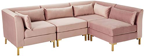 Iconic Home Girardi Modular Chaise Sectional Sofa Velvet Upholstered Solid Gold Tone Metal Y-Leg with 6 Throw Pillows Modern Contemporary, Blush