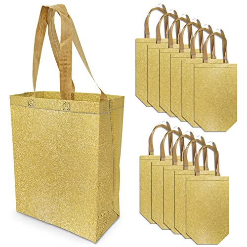 Gold Gift Bags - 12 Pack Large Gold Reusable Gift Bag Tote with Handles, Glitter Metallic Bling Shimmer, Eco Friendly for Birthday Parties, Bridesmaids, Party Favors, Grocery Shopping - 10x5x13