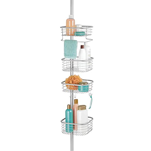 mDesign Metal Bathroom Shower Storage Constant Tension Pole Caddy - Adjustable Height - 4 Positionable Baskets - for Organizing and Containing Hand Soap, Body Wash, Wash Cloths, Razors - Chrome