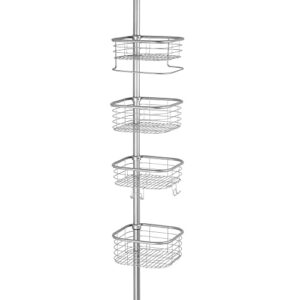 mDesign Metal Bathroom Shower Storage Constant Tension Pole Caddy - Adjustable Height - 4 Positionable Baskets - for Organizing and Containing Hand Soap, Body Wash, Wash Cloths, Razors - Chrome