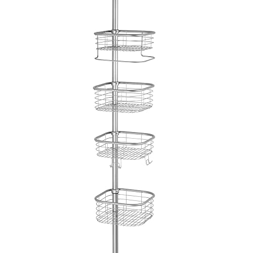 mDesign Metal Bathroom Shower Storage Constant Tension Pole Caddy - Adjustable Height - 4 Positionable Baskets - for Organizing and Containing Hand Soap, Body Wash, Wash Cloths, Razors - Chrome