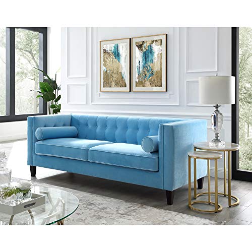 Inspired Home Sky Blue Velvet Sofa - Design: Lotte | Tufted | Square Arms | Tapered Legs | Contemporary