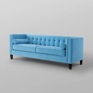 Inspired Home Sky Blue Velvet Sofa - Design: Lotte | Tufted | Square Arms | Tapered Legs | Contemporary