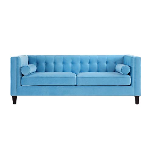 Inspired Home Sky Blue Velvet Sofa - Design: Lotte | Tufted | Square Arms | Tapered Legs | Contemporary