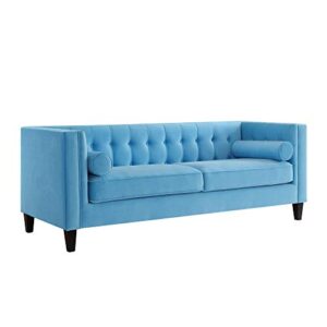 Inspired Home Sky Blue Velvet Sofa - Design: Lotte | Tufted | Square Arms | Tapered Legs | Contemporary