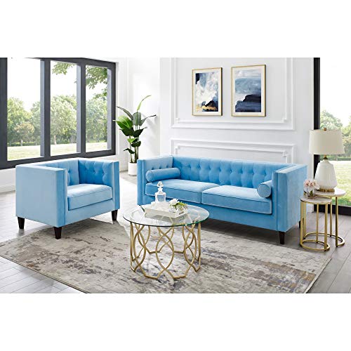 Inspired Home Sky Blue Velvet Sofa - Design: Lotte | Tufted | Square Arms | Tapered Legs | Contemporary