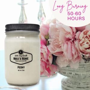 Nika's Home Peony Soy Candle 12oz Mason Jar Non-Toxic White Soy Candle-Hand Poured Candle- Handmade, Long Burning 50-60 Hours Highly Scented All Natural, Clean Burning Large Candle Gift Décor