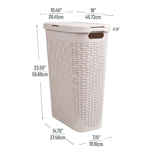 Mind Reader Basket Collection, Slim Laundry Hamper, 40 Liter (15kg/33lbs) Capacity, Cut Out Handles, Attached Hinged Lid, Ventilated, 18"L x 10.4"W x 23.5"H, Ivory