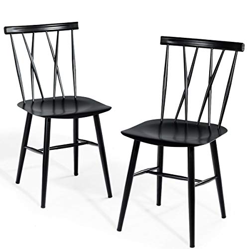 COSTWAY Dining Chair Set of 2, Farmhouse Windsor Chairs Dining Room Chairs with Spindle Back and Sturdy Metal Construction, Kitchen Side Chairs for Living Room Restaurant, Black (Height 17'')