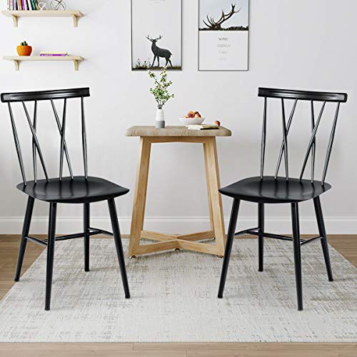 COSTWAY Dining Chair Set of 2, Farmhouse Windsor Chairs Dining Room Chairs with Spindle Back and Sturdy Metal Construction, Kitchen Side Chairs for Living Room Restaurant, Black (Height 17'')