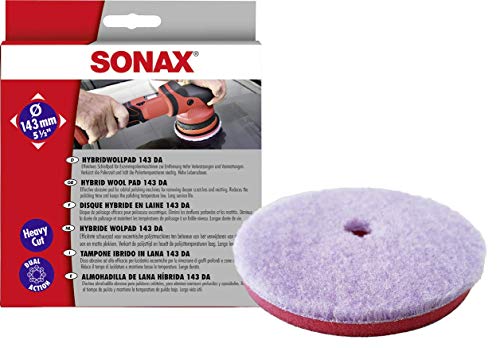 Sonax Hybrid Wool Pad 143mm / 5.5in (493800), Dual Action (DA) Cutting Pad, Fits 5 in Backing Plate, Synthetic Wool Fibers Placed on a Cutting Red Foam Pad