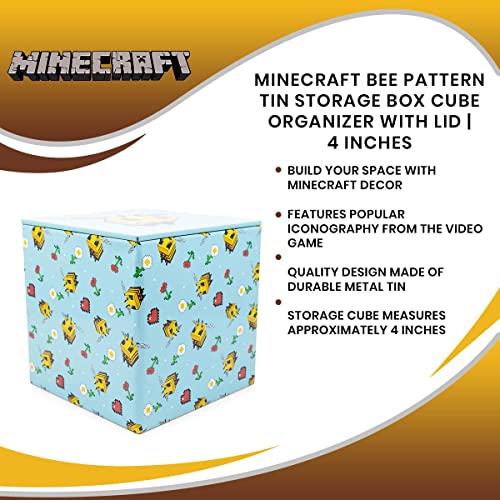 MINECRAFT Bee Pattern 4-Inch Tin Storage Box Cube Organizer with Lid | Basket Container, Cubby Cube Closet Organizer, Home Decor Playroom Accessories | Video Game Toys, Gifts and Collectibles