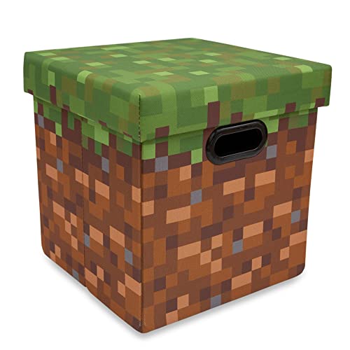 Minecraft Grassy Block 13-Inch Storage Bin Chest With Lid | Foldable Fabric Basket Container, Cube Organizer With Handles, Cubby For Shelves, Closet | Home Decor Essentials, Video Game Gifts