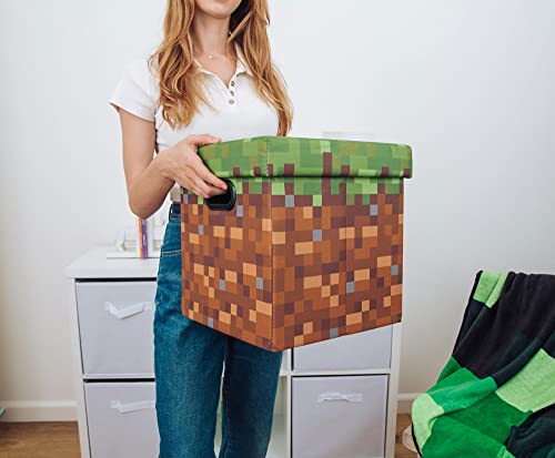 Minecraft Grassy Block 13-Inch Storage Bin Chest With Lid | Foldable Fabric Basket Container, Cube Organizer With Handles, Cubby For Shelves, Closet | Home Decor Essentials, Video Game Gifts