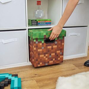 Minecraft Grassy Block 13-Inch Storage Bin Chest With Lid | Foldable Fabric Basket Container, Cube Organizer With Handles, Cubby For Shelves, Closet | Home Decor Essentials, Video Game Gifts