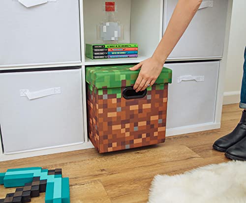 Minecraft Grassy Block 13-Inch Storage Bin Chest With Lid | Foldable Fabric Basket Container, Cube Organizer With Handles, Cubby For Shelves, Closet | Home Decor Essentials, Video Game Gifts