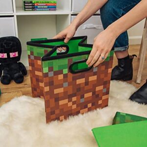 Minecraft Grassy Block 13-Inch Storage Bin Chest With Lid | Foldable Fabric Basket Container, Cube Organizer With Handles, Cubby For Shelves, Closet | Home Decor Essentials, Video Game Gifts