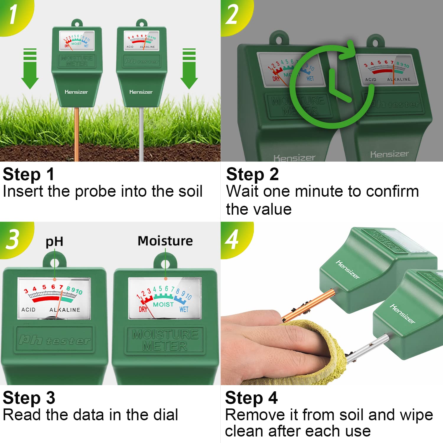 Kensizer Soil Tester, Soil Moisture/pH Meter, Gardening Farm Lawn Test Kit Tool, Digital Plant Probe, Water Hydrometer for Indoor Outdoor, No Battery Required