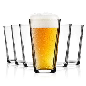 modvera beer pint glass- classic beer glasses pint, bar glasses sets for the home, bars, parties, use for drinking, cocktail shaking, and mixing beer or water, 16 ounce water glasses, set of 6.