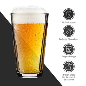 Modvera Beer Pint Glass- Classic Beer Glasses Pint, Bar Glasses Sets for the Home, Bars, Parties, Use for Drinking, Cocktail Shaking, and Mixing Beer or Water, 16 Ounce Water Glasses, Set of 6.