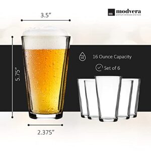 Modvera Beer Pint Glass- Classic Beer Glasses Pint, Bar Glasses Sets for the Home, Bars, Parties, Use for Drinking, Cocktail Shaking, and Mixing Beer or Water, 16 Ounce Water Glasses, Set of 6.