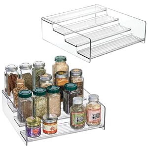 mdesign plastic kitchen spice bottle rack holder, food storage organizer for cabinet, cupboard, pantry, shelf - holds spices, jars, baking supplies, 4 levels, 2 pack - ligne collection - clear