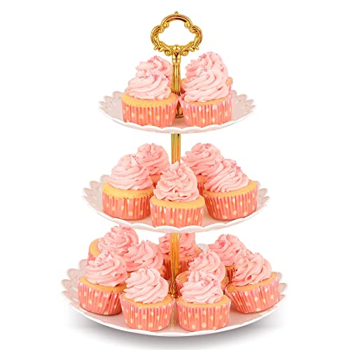 NWK Large 3-Tier Cupcake Stand 10.9Inch Plastic Serving Tray for Wedding Birthday Baby Shower Summer Autumn Halloween Party (Gold)