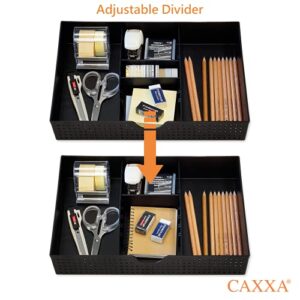 CAXXA 2 Pack 3 Slot Drawer Organizer with Two Adjustable Dividers - Junk Drawer Storage for Office Desk Supplies and Accessories, Black (2 Pack)