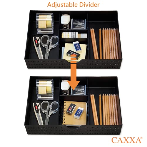 CAXXA 2 Pack 3 Slot Drawer Organizer with Two Adjustable Dividers - Junk Drawer Storage for Office Desk Supplies and Accessories, Black (2 Pack)