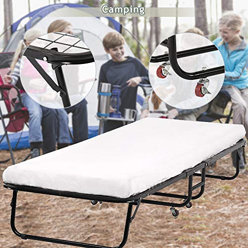 Guest Bed Folding Bed Frame with 3.9 Inch Foam Mattress Fold Up Heavy Duty Extra Portable Camping Cots with Wheels Hideaway Temporary Single Twin Size Rollaway Bed for Adults,Kids - 300LBS Capacity