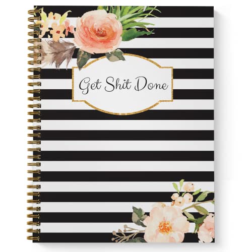 Softcover Classic Floral Get Stuff Done 8.5" x 11" Motivational Spiral Notebook/Journal, 120 Checklist Pages, Durable Gloss Laminated Cover, Gold Wire-o Spiral. Made in the USA