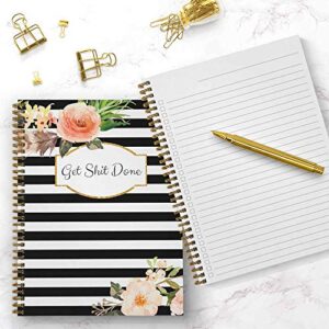 Softcover Classic Floral Get Stuff Done 8.5" x 11" Motivational Spiral Notebook/Journal, 120 Checklist Pages, Durable Gloss Laminated Cover, Gold Wire-o Spiral. Made in the USA