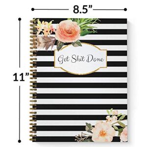 Softcover Classic Floral Get Stuff Done 8.5" x 11" Motivational Spiral Notebook/Journal, 120 Checklist Pages, Durable Gloss Laminated Cover, Gold Wire-o Spiral. Made in the USA