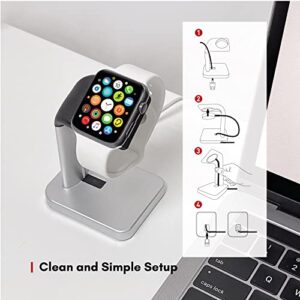 Macally Apple Watch Stand for Series Ultra, 9, 8, 7, 6, 5, 4, 3, 2, 1, SE (44mm, 42mm, 40mm, 38mm) - Sleek Nightstand for Apple Watch Charger Stand Dock Holder - Sleek iWatch Charging Station - Silver