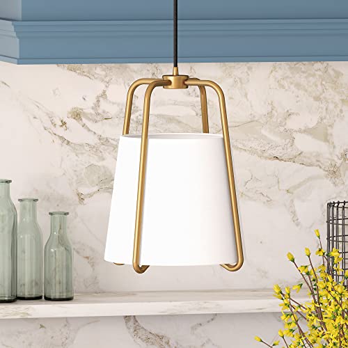 Marduk 11" Wide Pendant with Fabric Shade in Brass/White