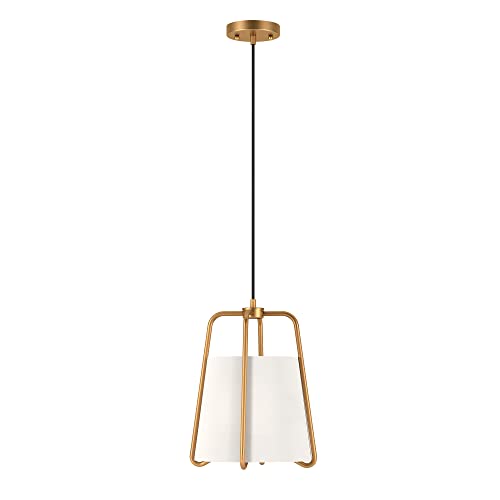 Marduk 11" Wide Pendant with Fabric Shade in Brass/White