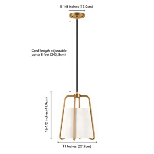 Marduk 11" Wide Pendant with Fabric Shade in Brass/White