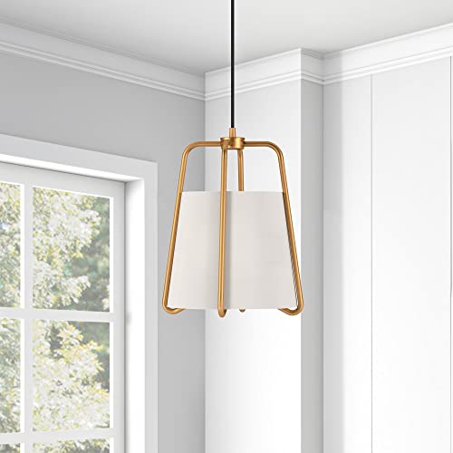 Marduk 11" Wide Pendant with Fabric Shade in Brass/White