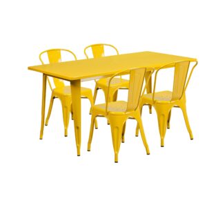 EMMA + OLIVER Commercial Rectangular Yellow Metal Indoor-Outdoor Table Set-4 Stack Chairs