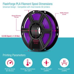 FLASHFORGE D-Series PLA 3D Printer Filament, 1.75mm (Purple), 0.5kg Spool (1.1lbs), Guaranteed Fresh, Dimensional Accuracy +/- 0.02mm, Tangle-Free, Fits Most FDM Printers [Risk-Free]