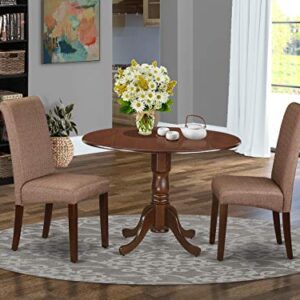 East West Furniture DLBA3-MAH-18 3 Piece Modern Dining Table Set Contains a Round Wooden Table with Dropleaf and 2 Brown Linen Linen Fabric Parsons Dining Chairs, 42x42 Inch, Mahogany