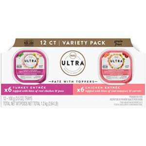 nutro ultra adult grain free soft wet dog food, variety pack, chicken entrée paté and turkey entrée paté with toppers, (12) 3.5 oz. trays