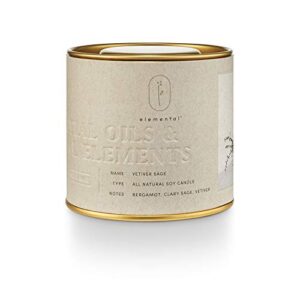 illume elemental collection, vetiver sage natural tin, 8.5oz candle, grey