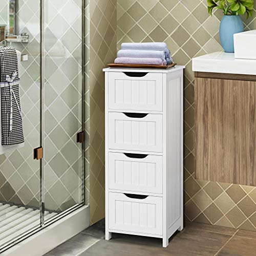 Yaheetech Bathroom Floor Cabinet, Wooden Side Storage Organizer, 4 Drawers Free-Standing Cabinet for Bathroom/Hallway/Living Room, White