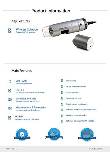 Dino-Lite USB Digital Microscope AF3113T - 0.3MP, 20x - 220x Optical Magnification, Measurement, WF-20 Compatible