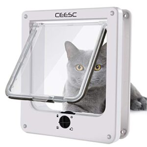 ceesc cat doors, magnetic pet door with rotary 4 way lock for cats, kitties and kittens, upgraded version (medium, white)