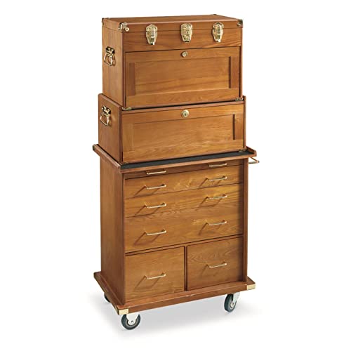 CASTLECREEK 4-Drawer Collector's Chest, Wooden Desk Storage Box Organizer Lockable Compartments, Oak