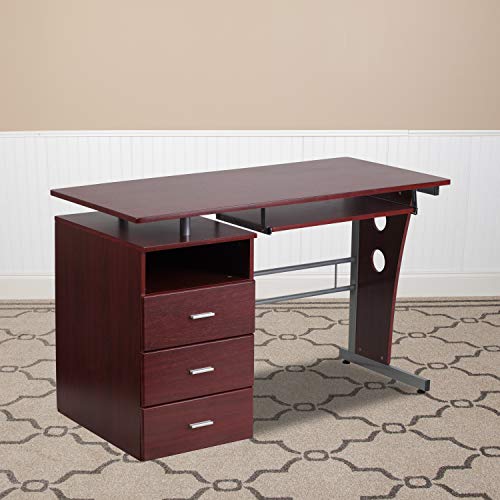 EMMA + OLIVER Mahogany Desk with Three Drawer Pedestal and Keyboard Tray