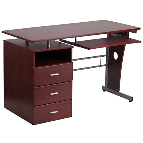 EMMA + OLIVER Mahogany Desk with Three Drawer Pedestal and Keyboard Tray